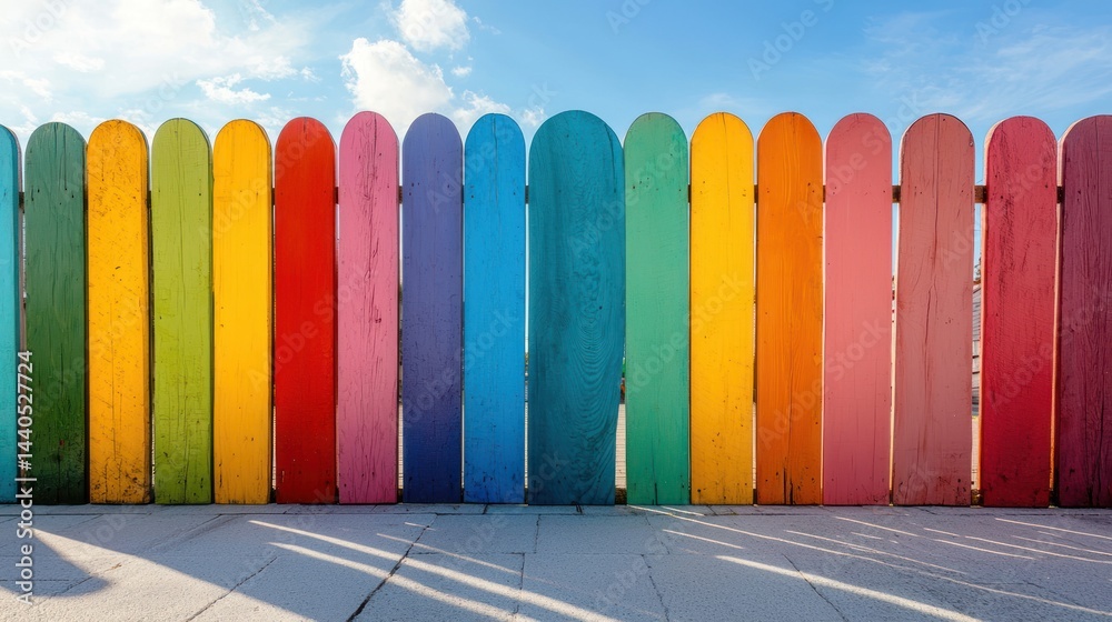 Rainbow wooden fences standing upright in a straight row with soft ...