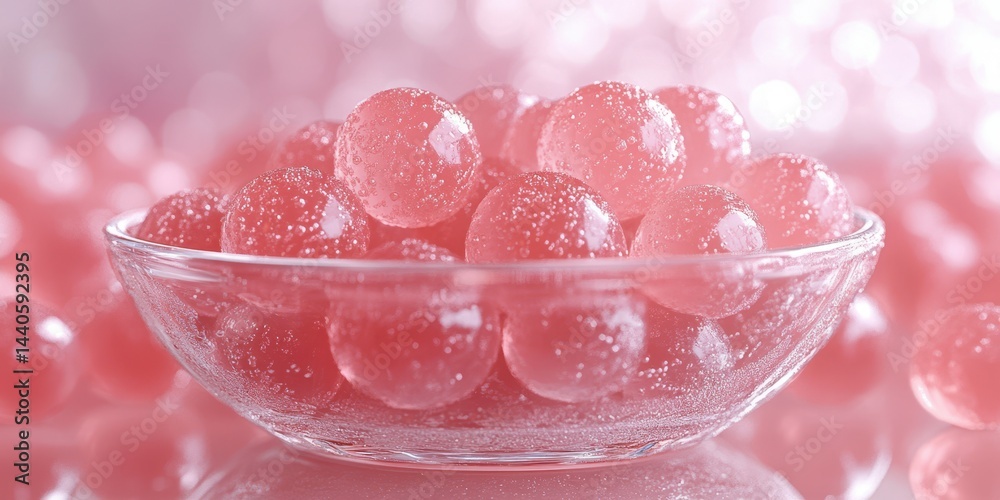 Colorful pink gelatin spheres in a glass bowl surrounded by more ...