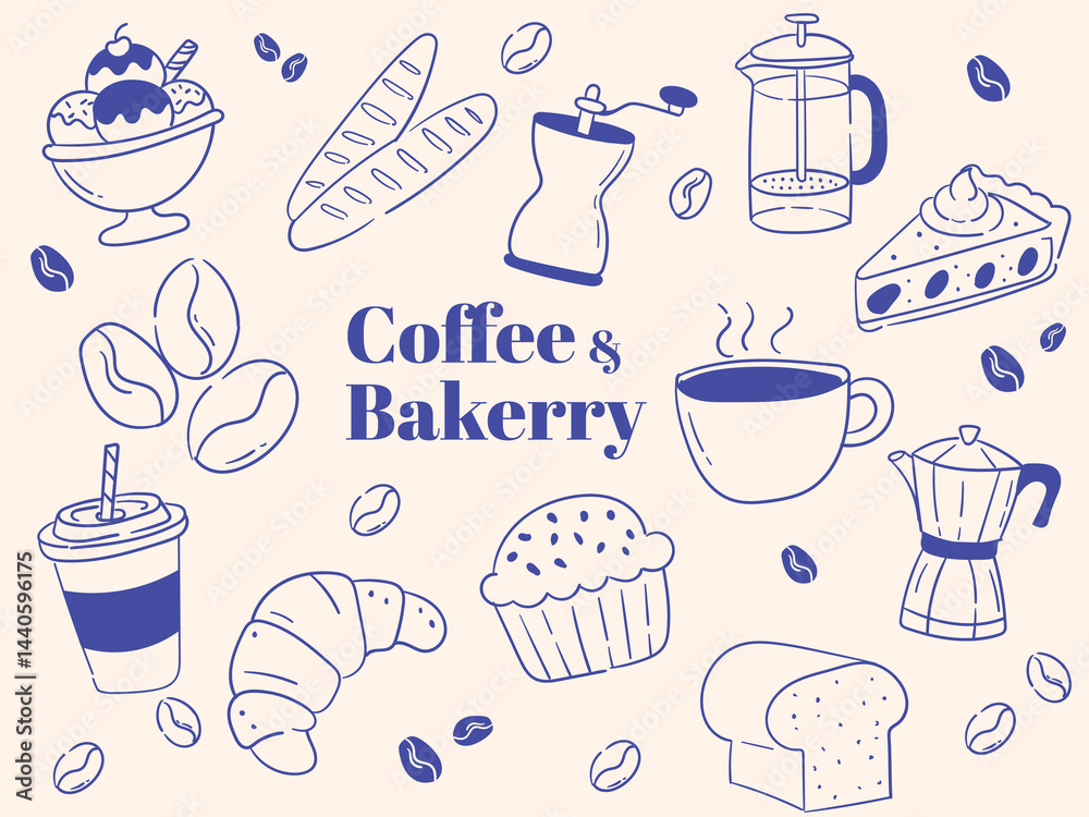 Coffee and bakery doodle illustrations featuring croissants, muffins ...