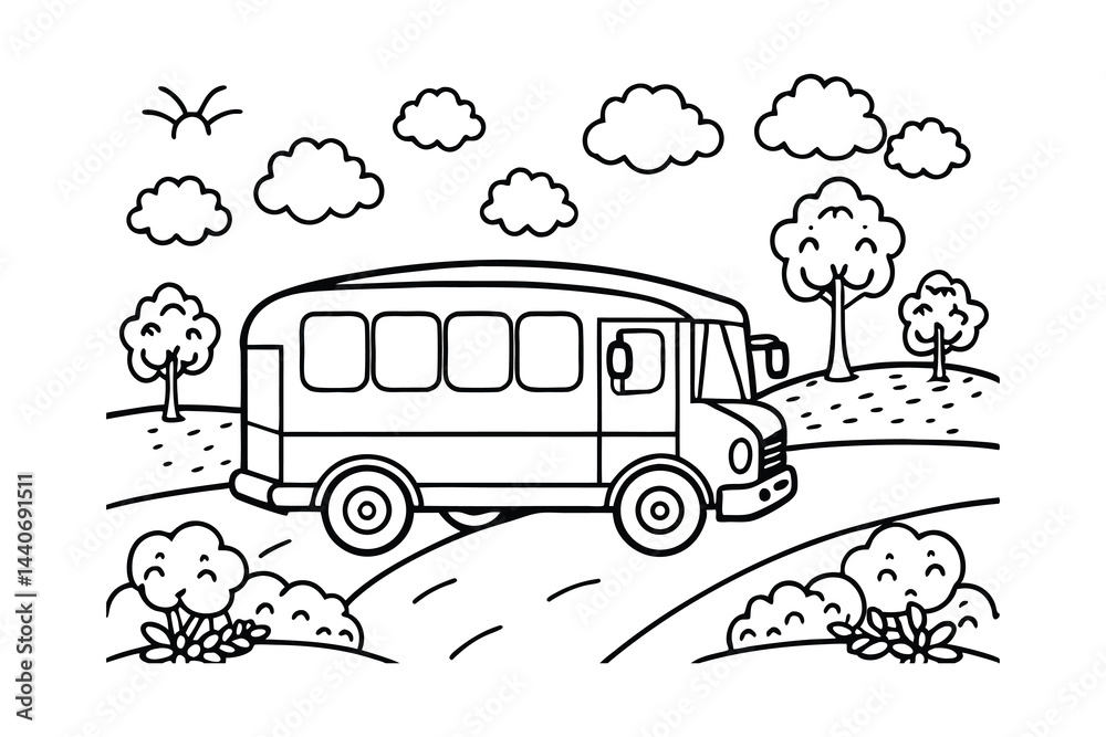 Vector de Stock Cute School Bus Road Trip Scene Coloring Page, Happy ...