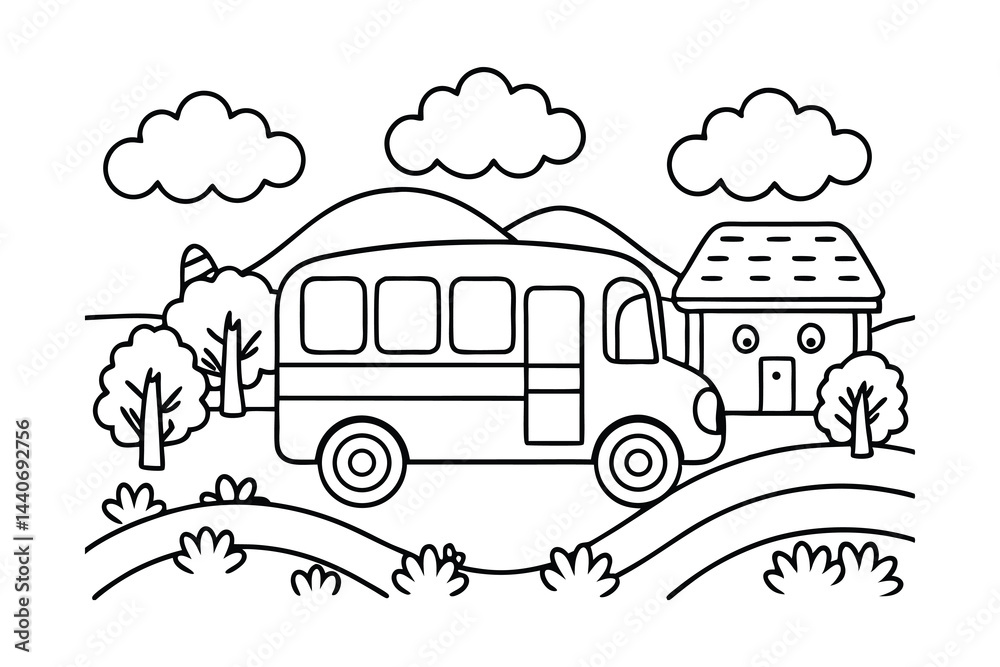 Cute School Bus Road Trip Scene Coloring Page, Happy Kids and Cartoon ...