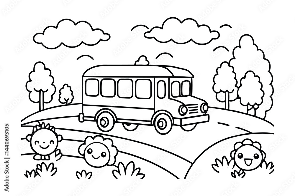 Cute School Bus Road Trip Scene Coloring Page, Happy Kids and Cartoon ...