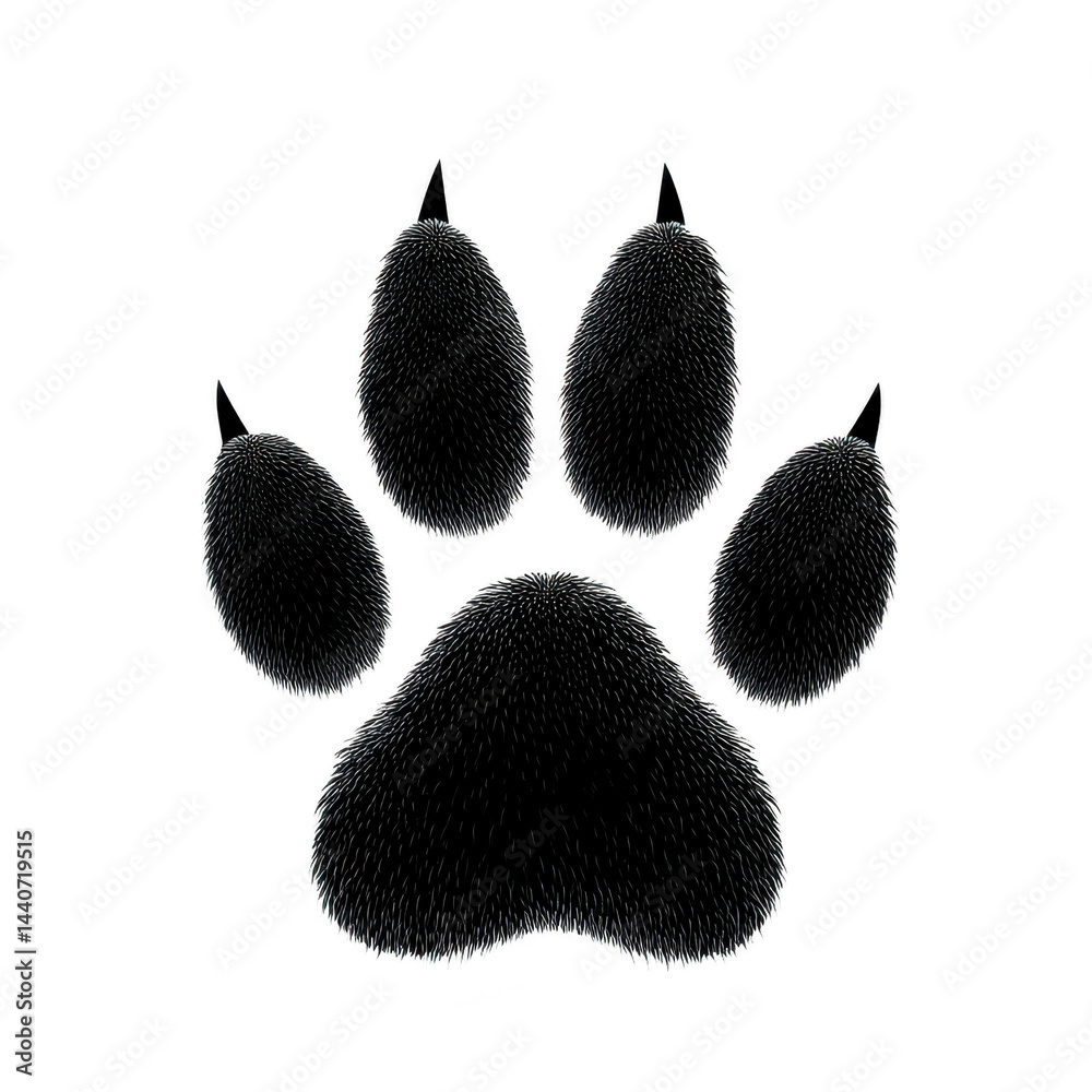 Realistic, furry animal paw print with four toes and pad is depicted in ...