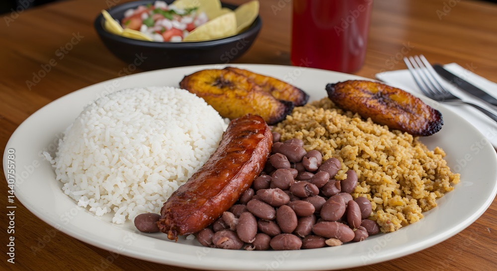 Bandeja paisa with beans, rice, plantain and chorizo on a restaurant ...