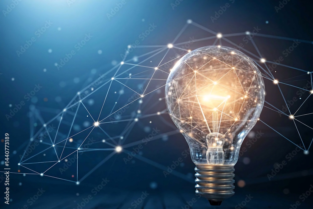 Glowing Light Bulb with Network of Connected Lines on a Deep Blue ...