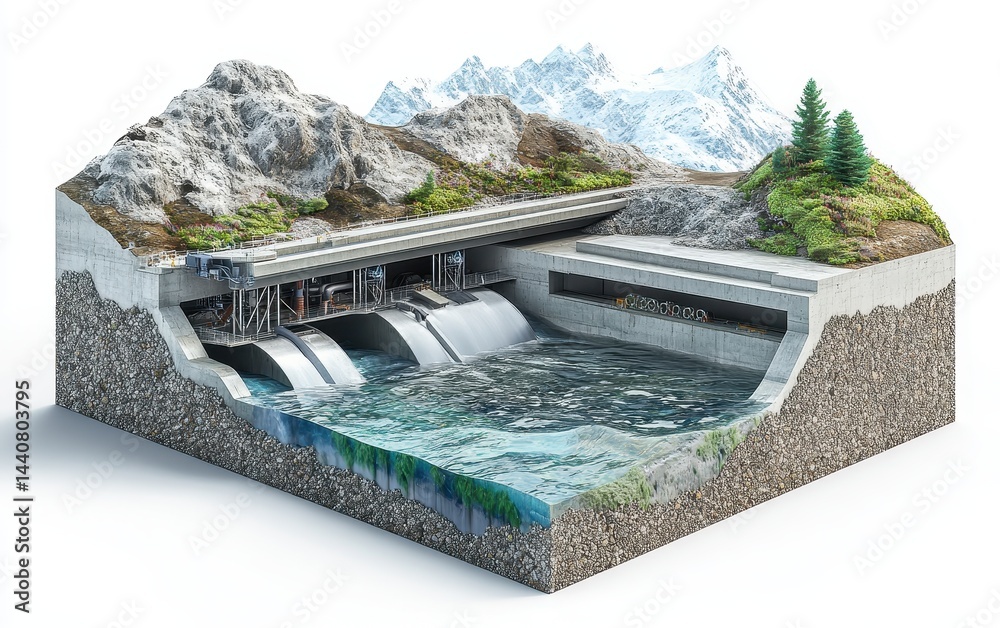 3D cutaway of snowmelt-powered micro hydro system in alpine valley ...