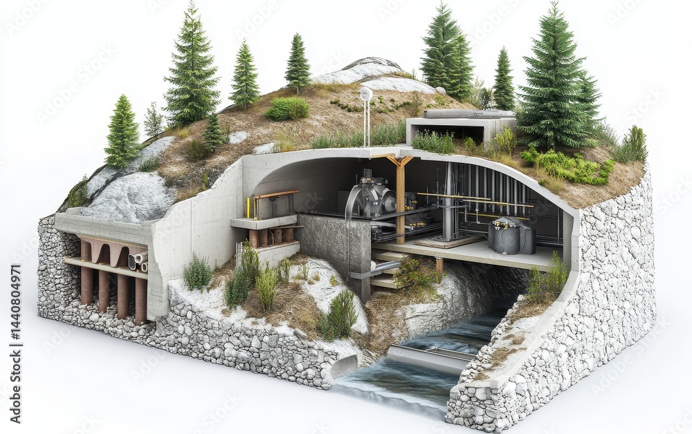 Stock-Illustration „3D cutaway of snowmelt-powered micro hydro system ...