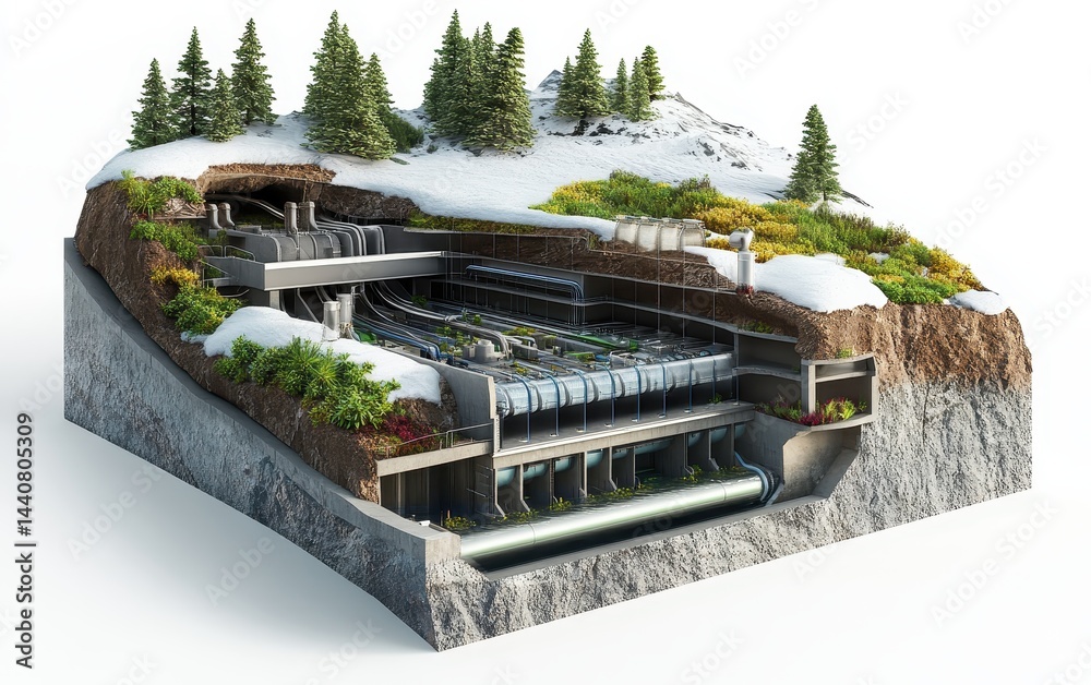 3D cutaway of snowmelt-powered micro hydro system in alpine valley ...