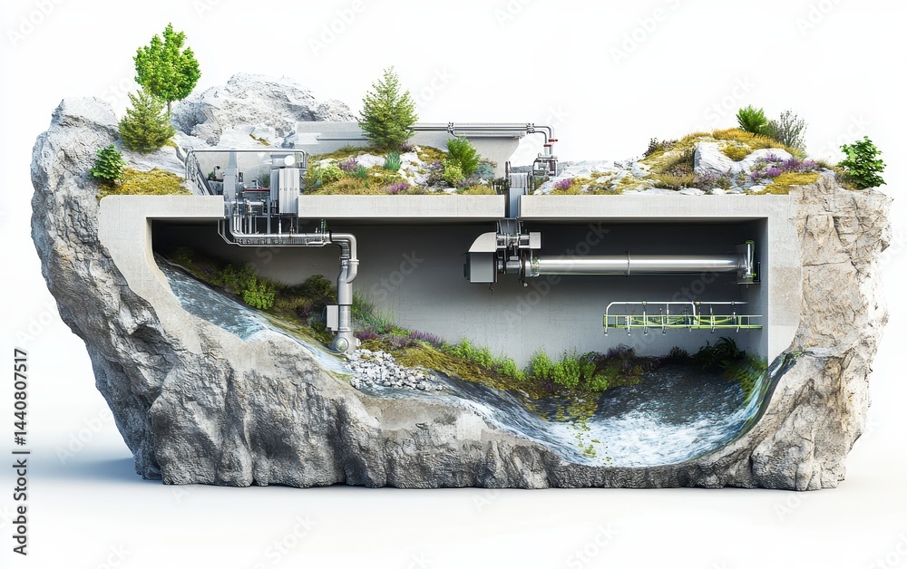 Стоковая иллюстрация «3D cutaway of snowmelt-powered micro hydro system ...