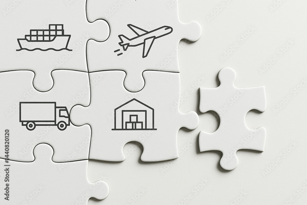Puzzle pieces with icons representing transport modes: ship, airplane ...
