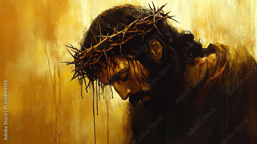 Jesus Christ with Crown of Thorns in Golden Light. Symbol of Sacrifice ...
