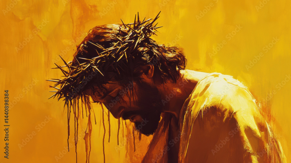 Jesus Christ with Crown of Thorns in Golden Light. Symbol of Sacrifice ...