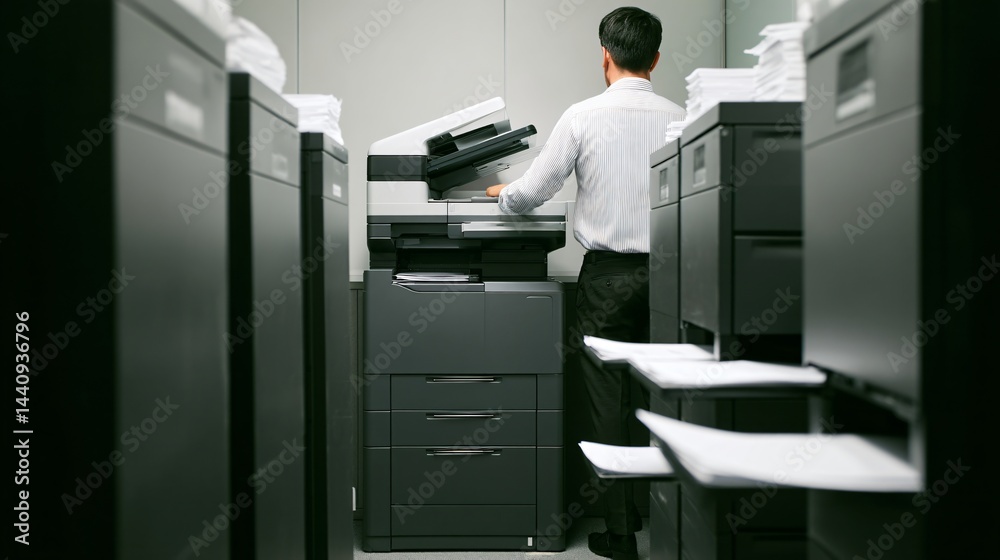 Office Worker Utilizing Copier: A focused individual, absorbed in their ...