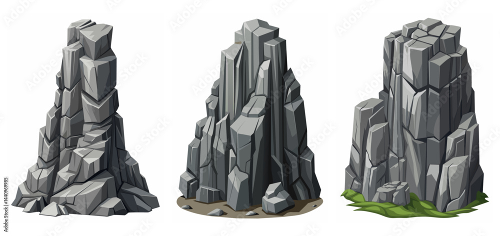 Vector de Stock Mountain peak grey stone set. Big rock cartoon cliff ...