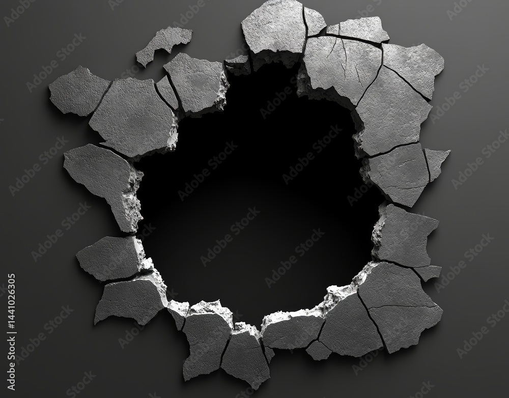 The image depicts a shattered concrete wall with a gaping hole and ...