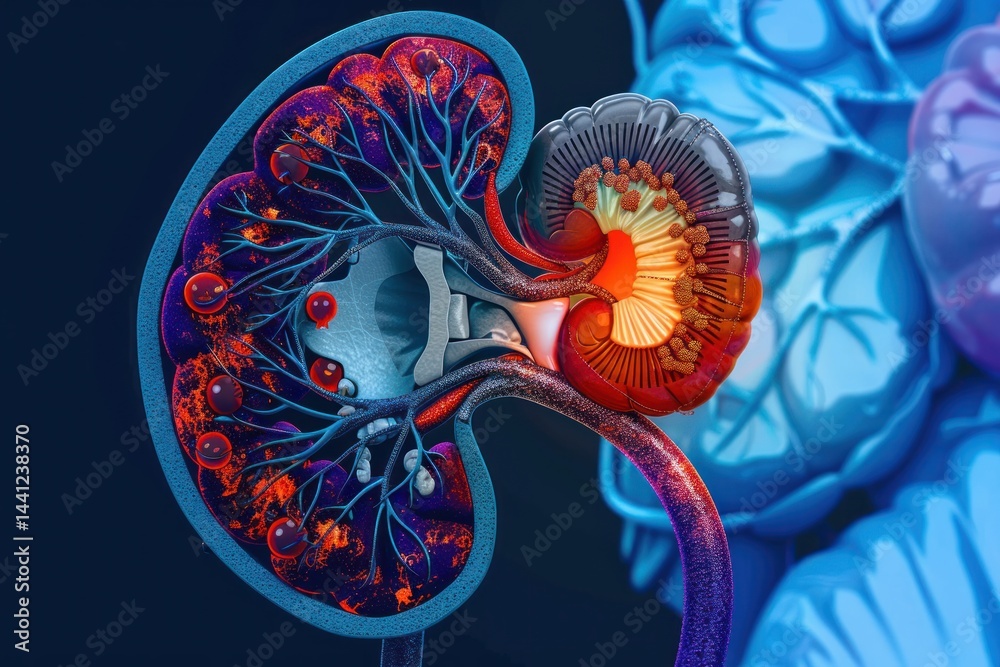 Detailed cross-section illustration of a human kidney showing internal ...