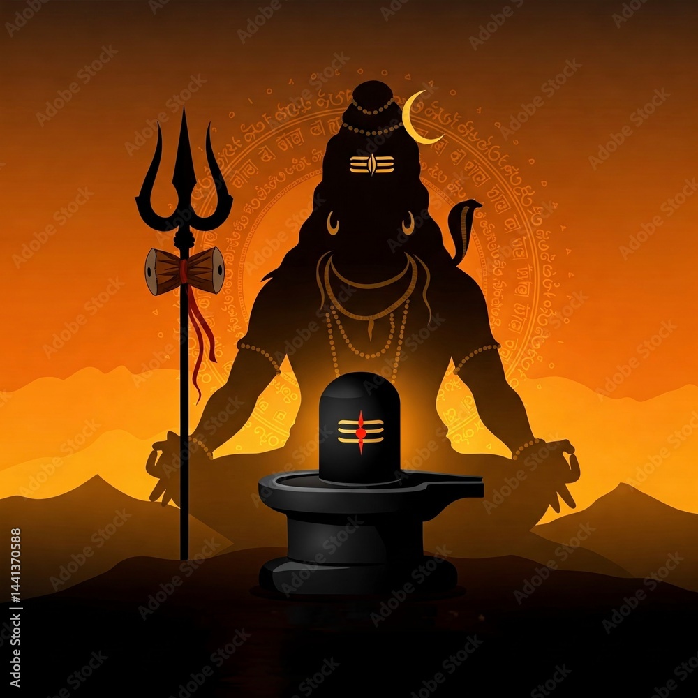 Ilustración de Stock Silhouette illustration of Lord Shiva meditating with a lingam, trishul ...
