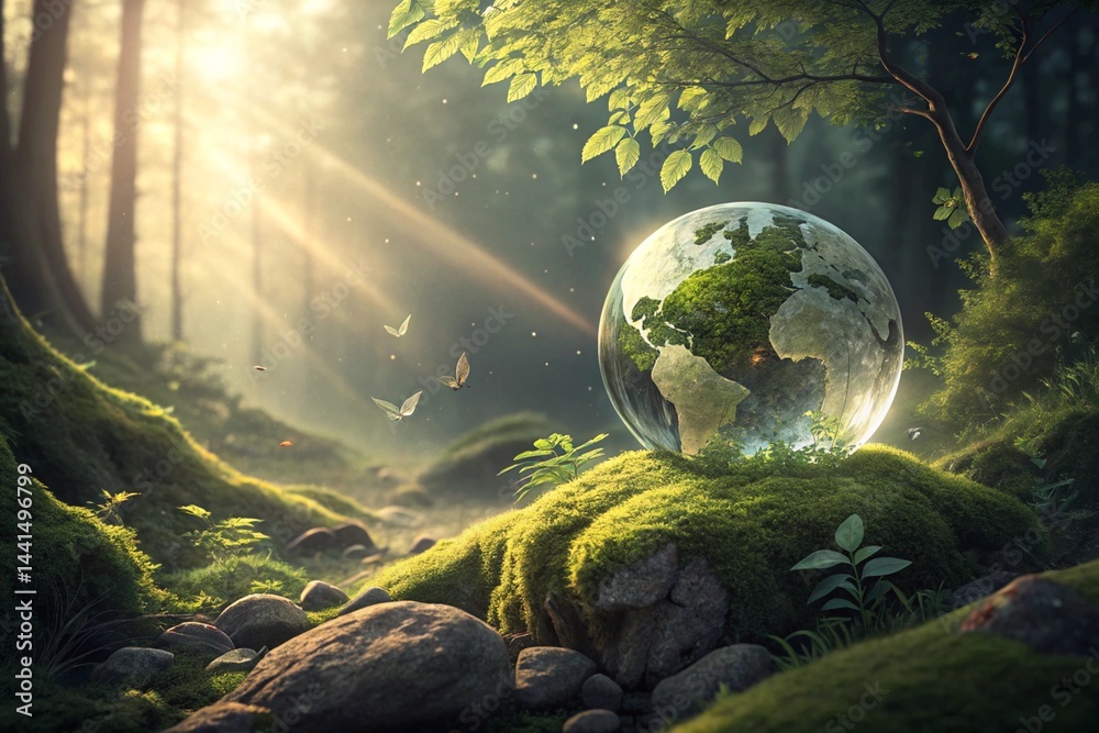 Crystal Earth globe resting in a lush forest for World Environment Day ...