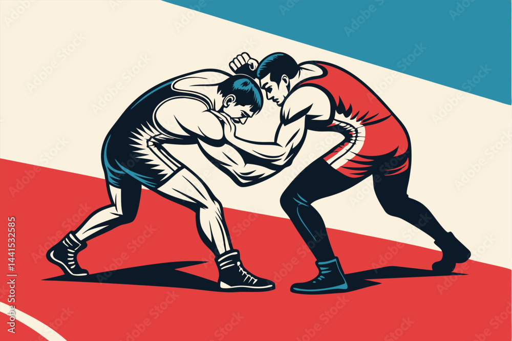 Create a bold vector illustration of an intense wrestling match grapple ...