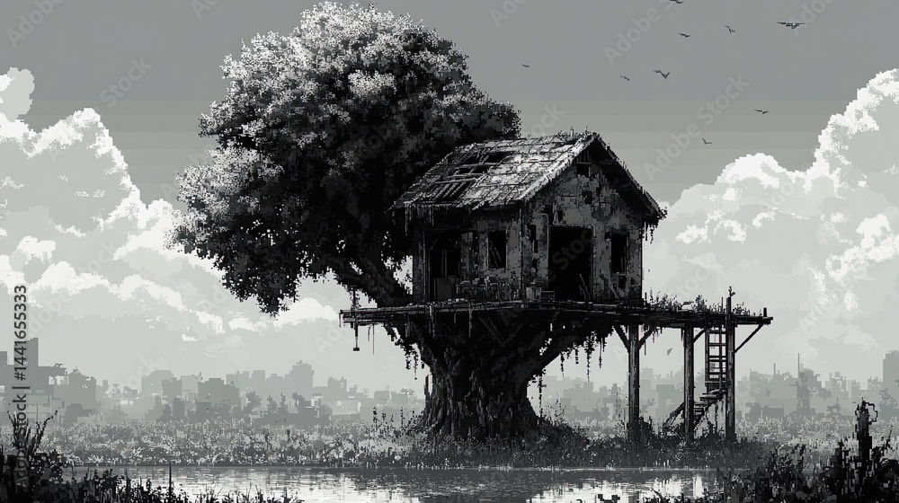 Dilapidated treehouse in black and white pixel art, evoking a sense of ...