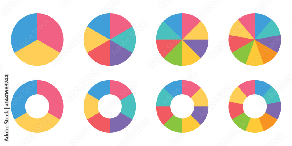 Pie charts diagrams. Pie chart set. Circle section graph. Different color circles isolated ...