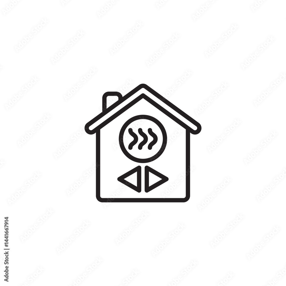 Smart home heating icon. A house outline contains a circle with ...