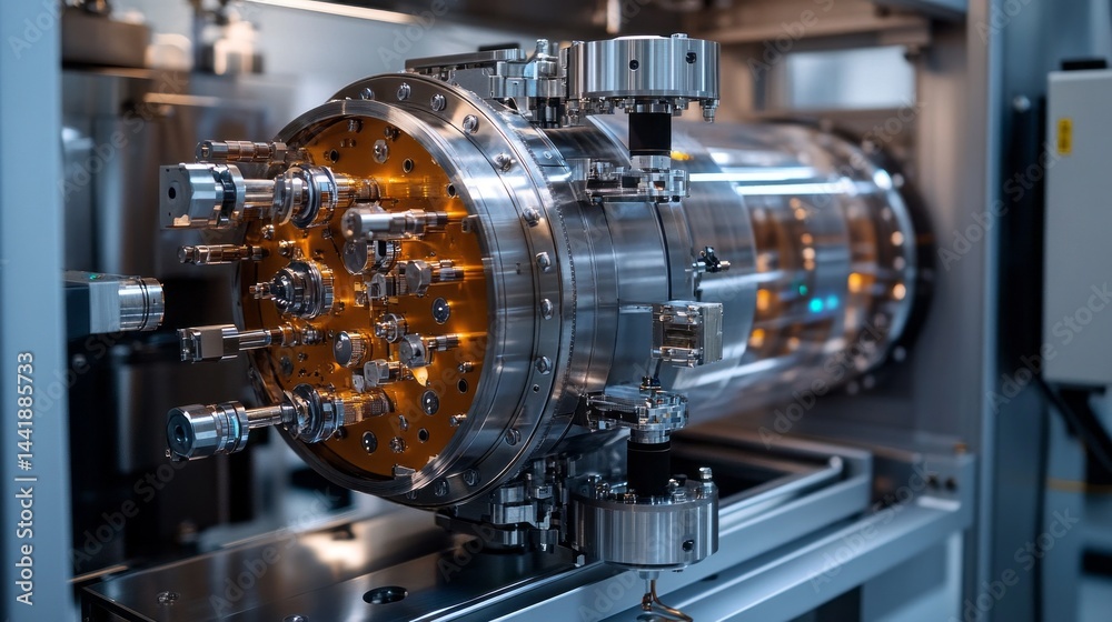 Inside a cleanroom, advanced ion implantation equipment is actively ...