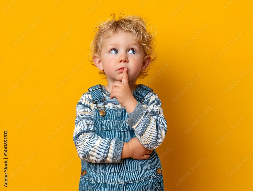 Toddler in overalls, adorably mimicking an adult's thinking gesture, isolated sunny yellow ...