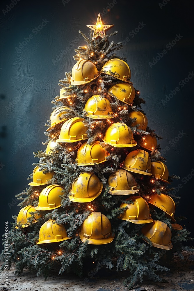 Festive christmas tree of hard hats illuminated with lights for ...