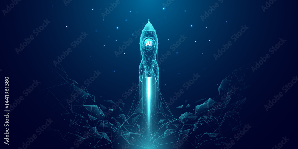Abstract polygonal launch rocket with AI chip. Artificial Intelligence ...