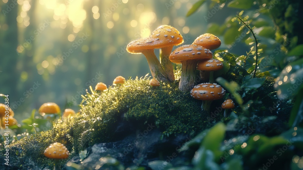 Magical forest mushrooms glowing in sunlight mossy autumn scene art hdr ...