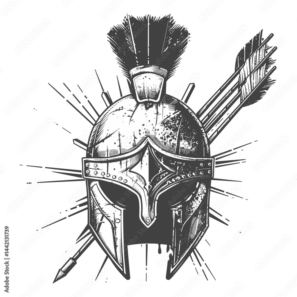 Vintage warrior helmet with arrow, black ink engraving, ancient combat ...
