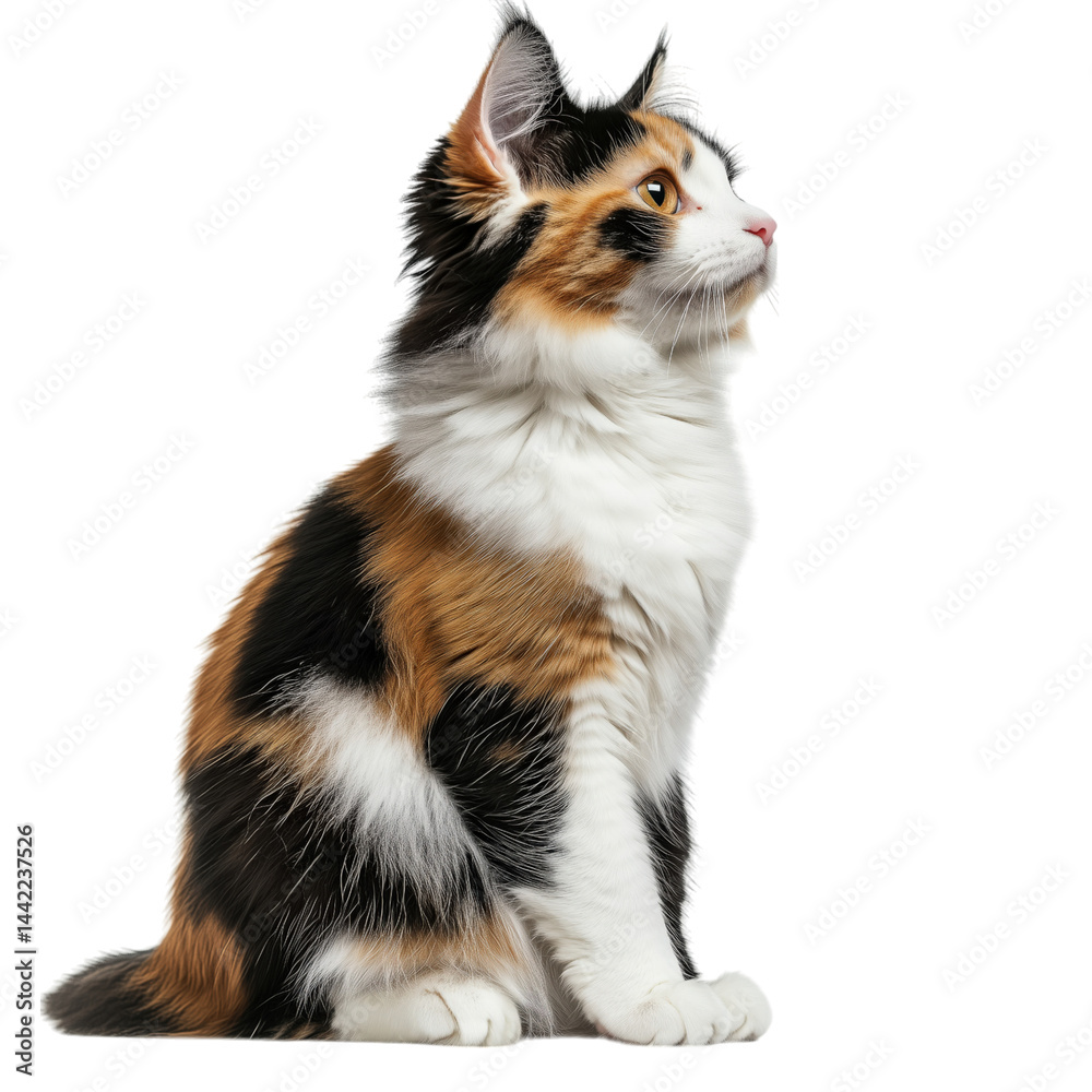 Side view of a calico cat sitting and looking up, transparent ...