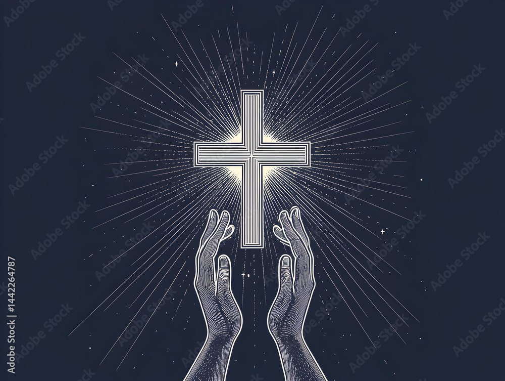 Stock-Illustration „Christian prayer hands with radiant cross sketch ...