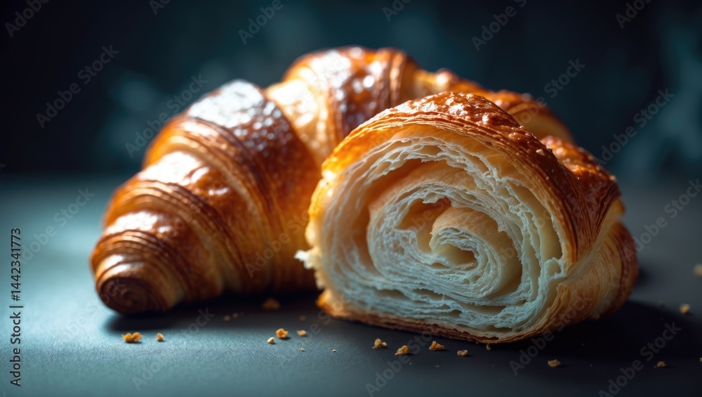 Zoomed In Image Of A Pair Of Croissants One Cut To Display Its Inner