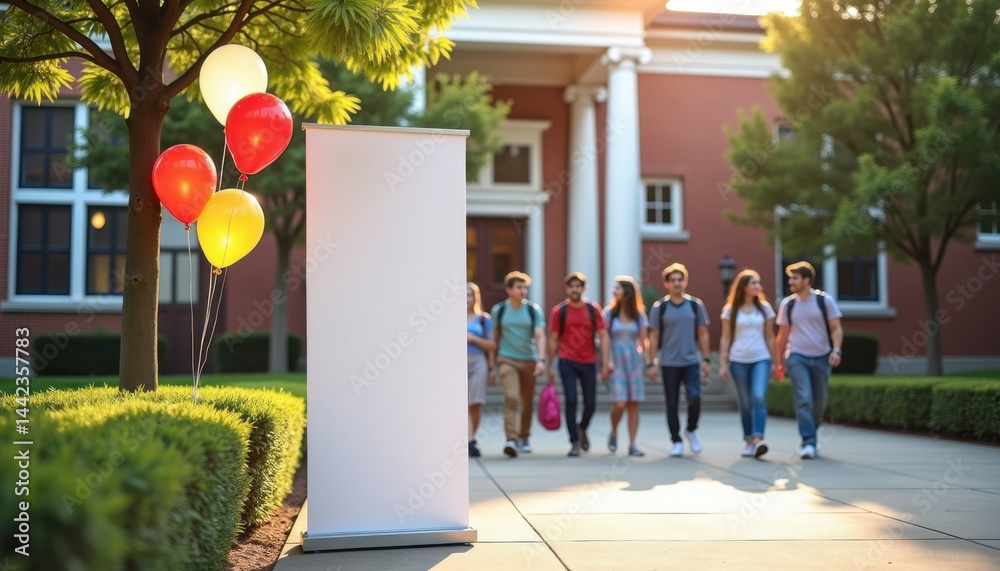 Vertical banner mockup. University promotion banner in campus ...