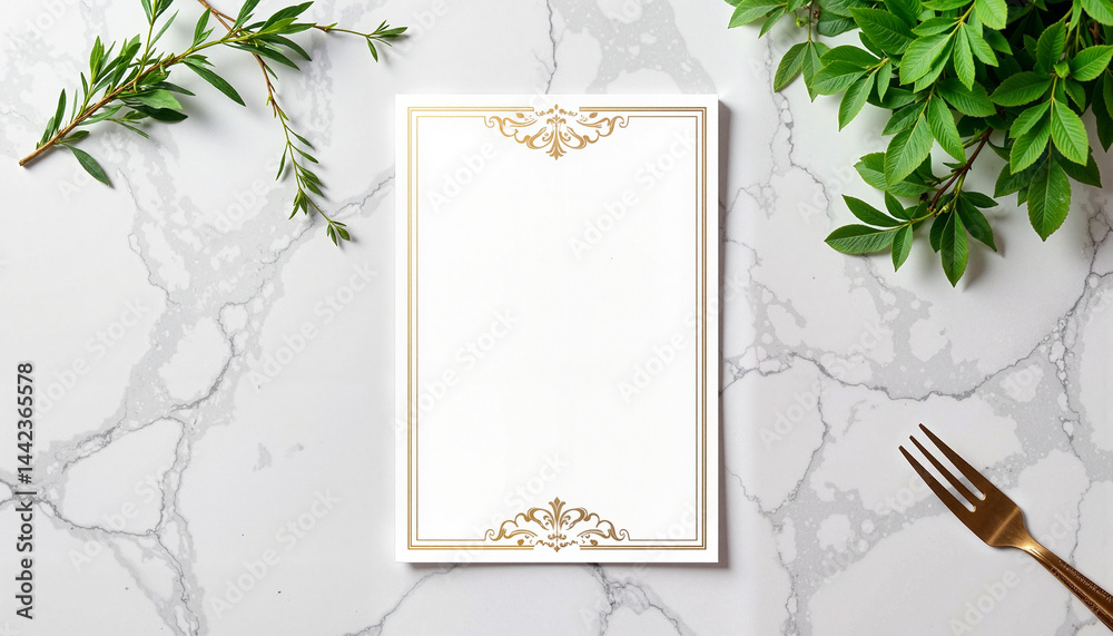 Elegant blank menu card on marble background with greenery Stock Photo ...