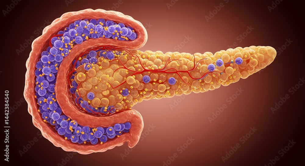 Pancreas Anatomy Visualization Showing Cells, Vessels, and Internal ...