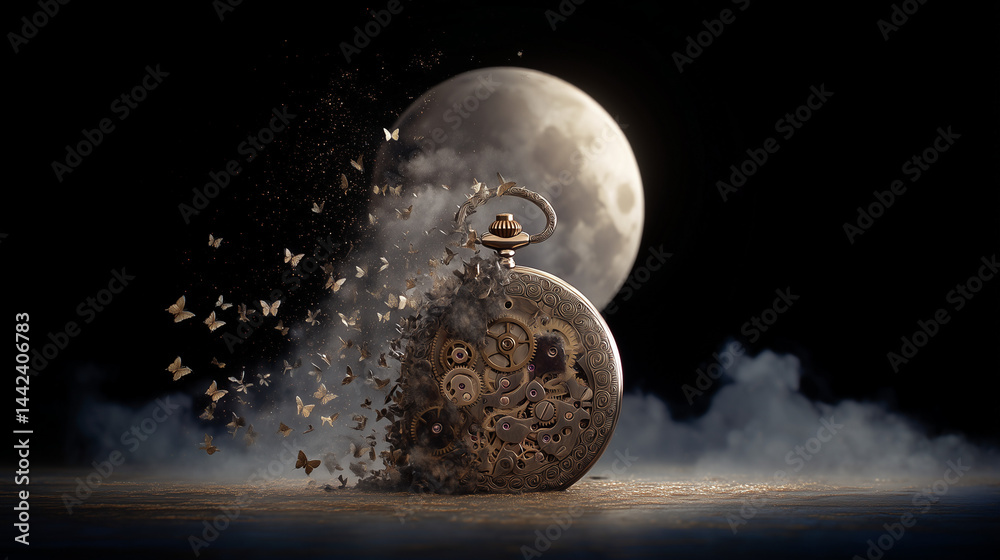 Mechanical pocketwatch disintegrating into butterflies with gears ...