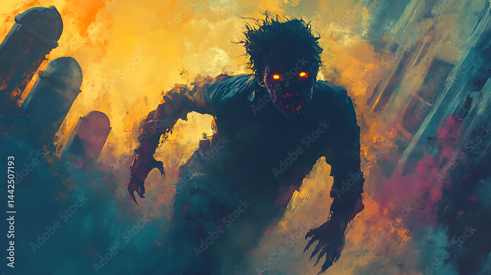 Intense monochrome image of possessed man's twisted face mid-run ...