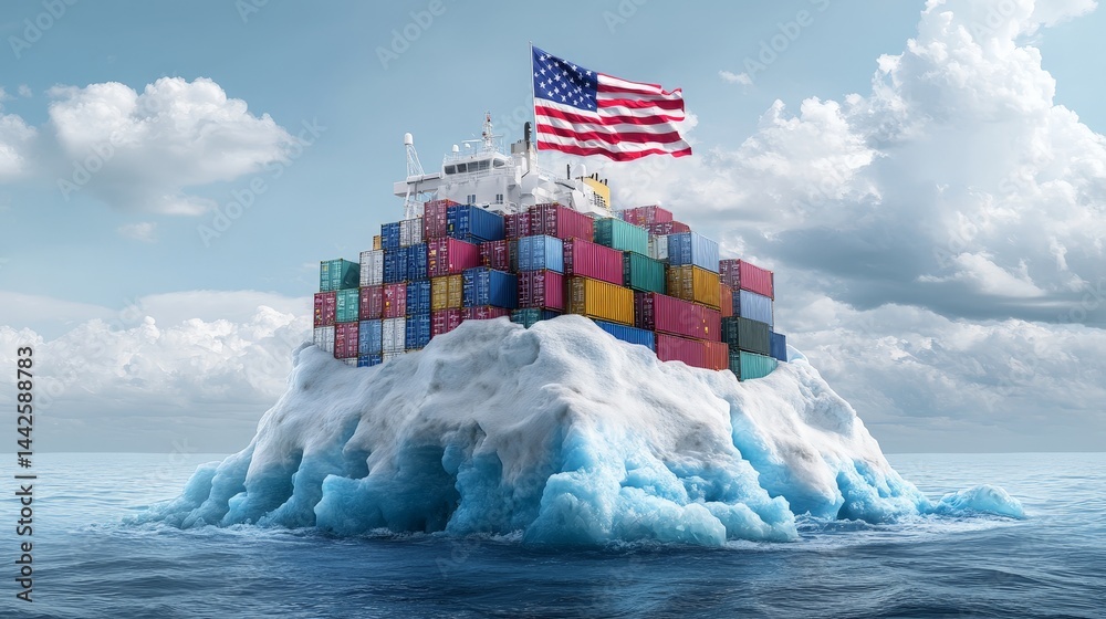 Iceberg with U.S. Flag and Cargo Ship Representing Global Trade ...