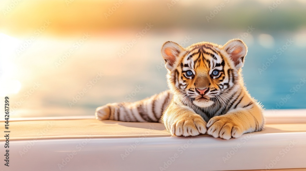 Cute small tiger cub with blue eyes laying relaxed on a pier near water ...