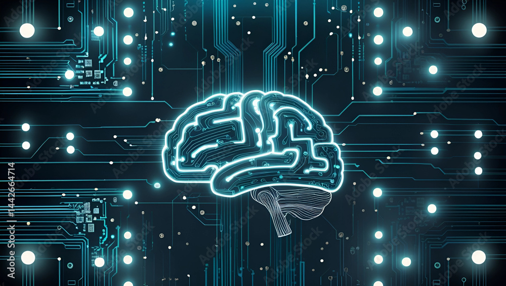 Faint glowing nodes, layered PCB traces, and a brain-like pattern in ...