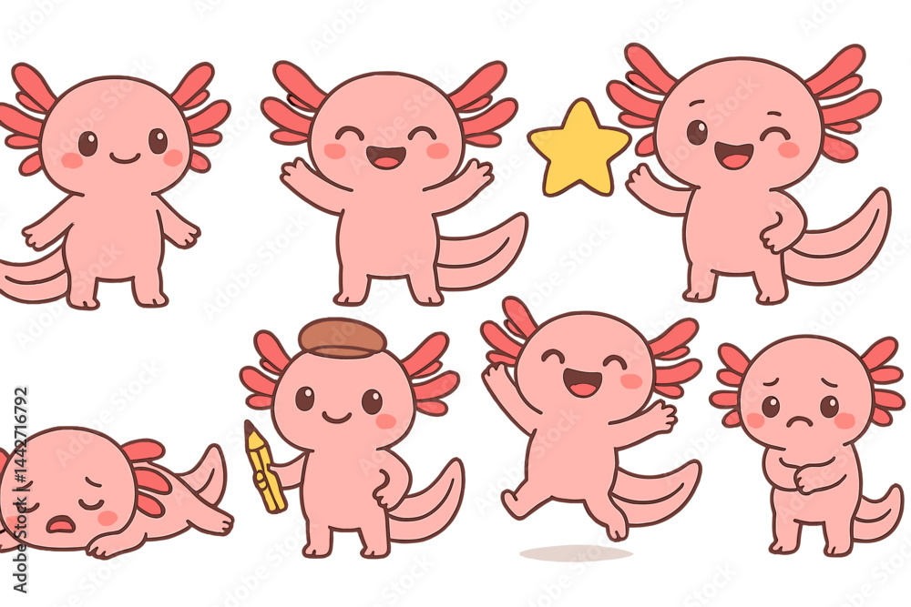 Cute axolotl characters in various playful activities illustrated in a ...