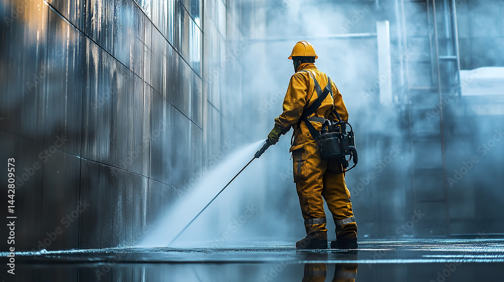 maintenance worker in yellow suit power washing wall in misty ...
