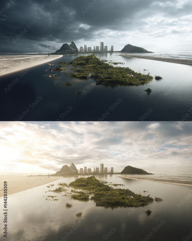 Split-image depicting coastal landscape before and after sea level rise ...