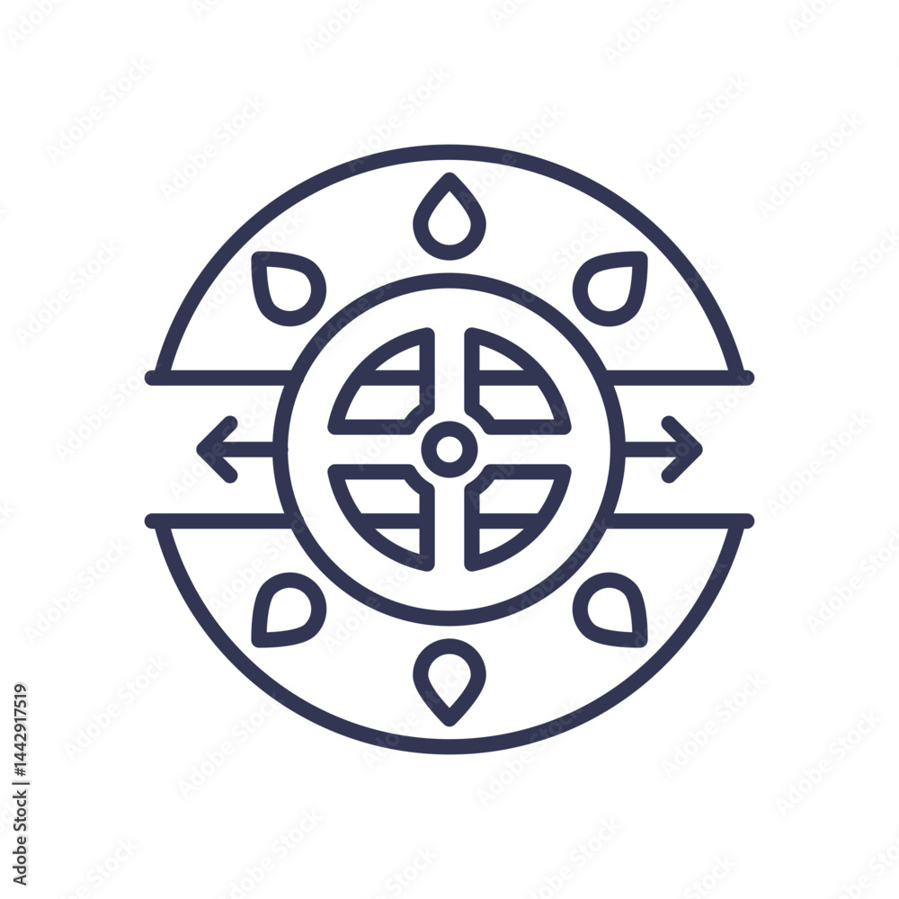 Circular flow symbol with arrows and droplets, representing fluid ...