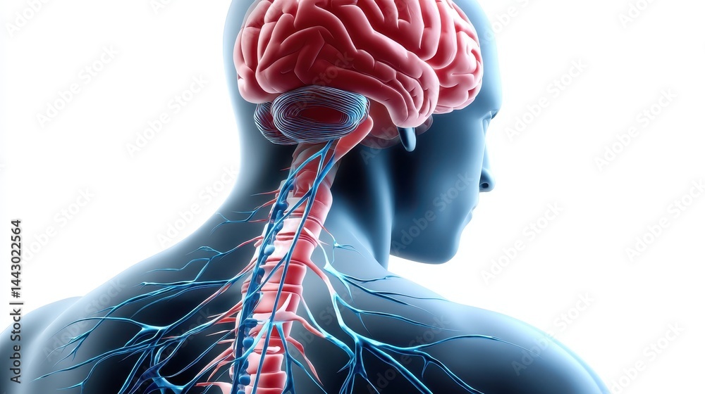 Scientific diagram of nervous system in human body, red brain and ...