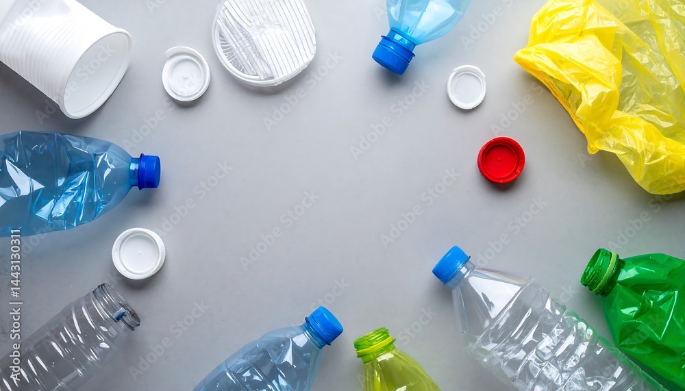 Assorted plastic waste on gray surface,pollution, recycling ...