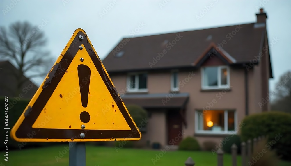 Yellow warning sign indicating damage in front of the house roof ...
